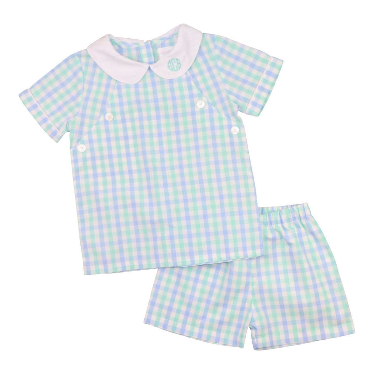 Blue And Mint Check Button Short Set - Cecil & Lou