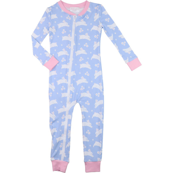 Blue And Pink Hopping Bunny Knit Zipper Pajamas - Cecil & Lou