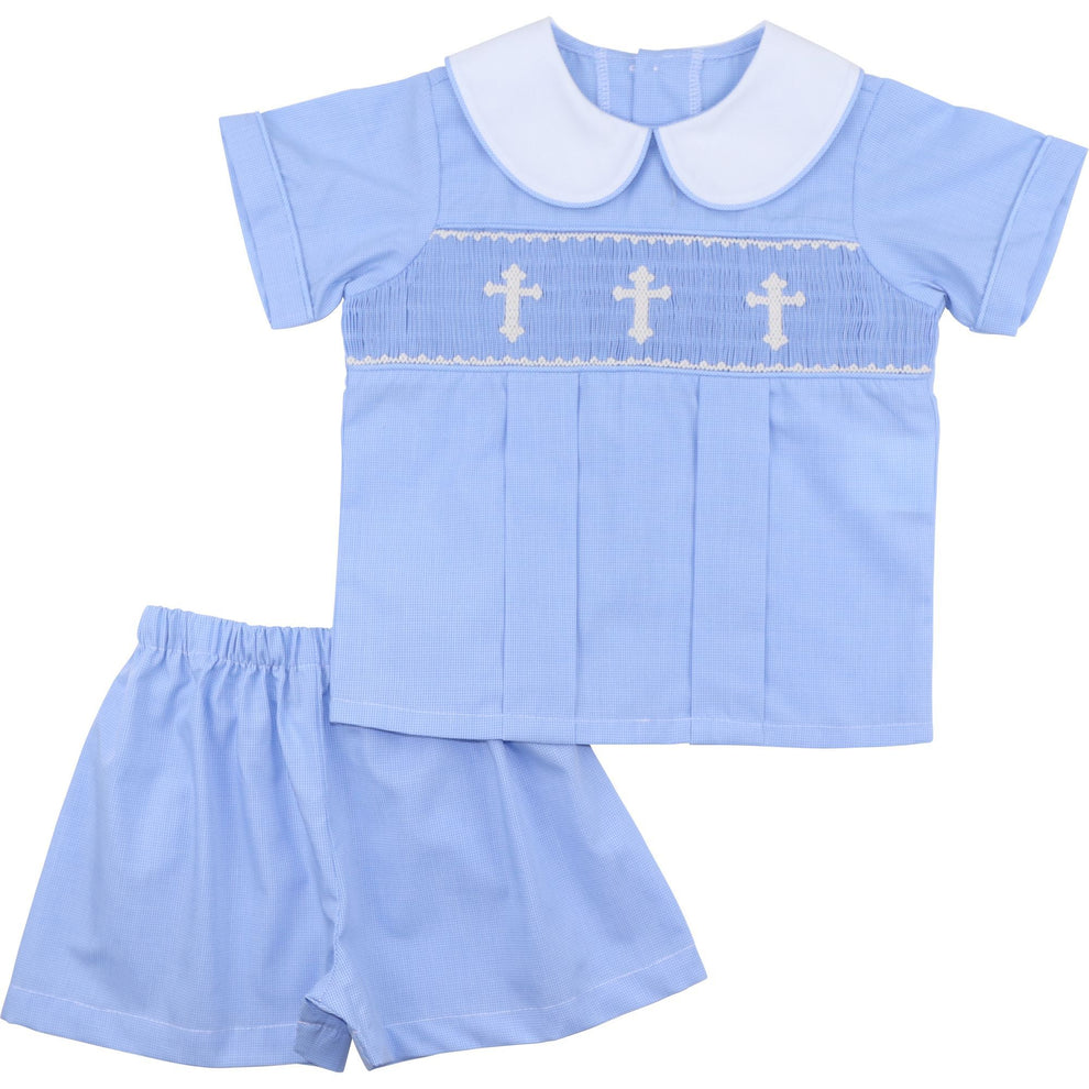 Blue Smocked Cross Short Set - Cecil & Lou