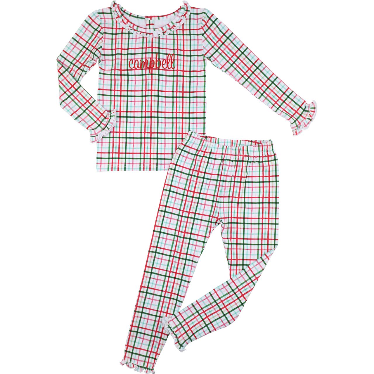 Girls Red And Green Plaid Windowpane Knit Ruffle Pajamas – Cecil & Lou
