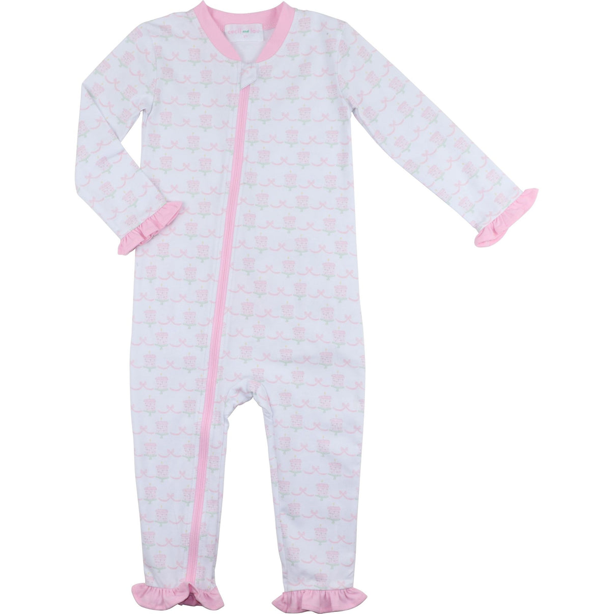 Girls Pink Birthday Cake Zipper Pajamas | Soft Knit Sleepwear - Cecil & Lou
